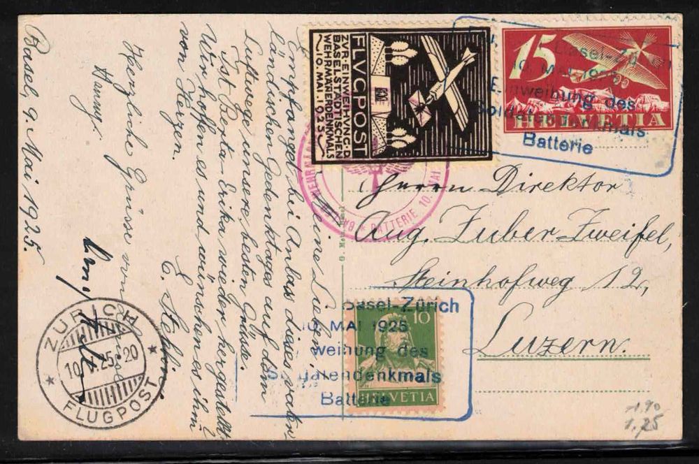 1925 Flugpost Karte "Einweihung Batterie Basel" (Neu (gemäss Beschreibung)) in Nuglar für CHF 10 ...