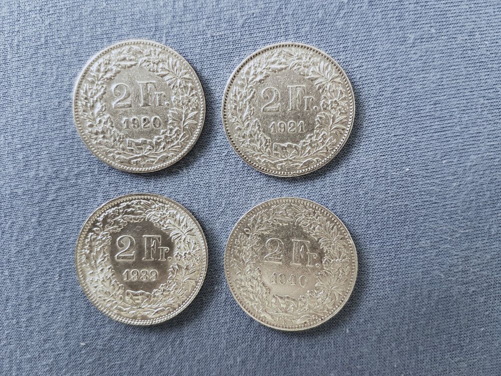 4 x 2 Fr Silbermünzen 1920 - 1921 - 1939 - 1940 ab nur 1 Fr! (Gebraucht) in Camignolo für CHF 20 ...