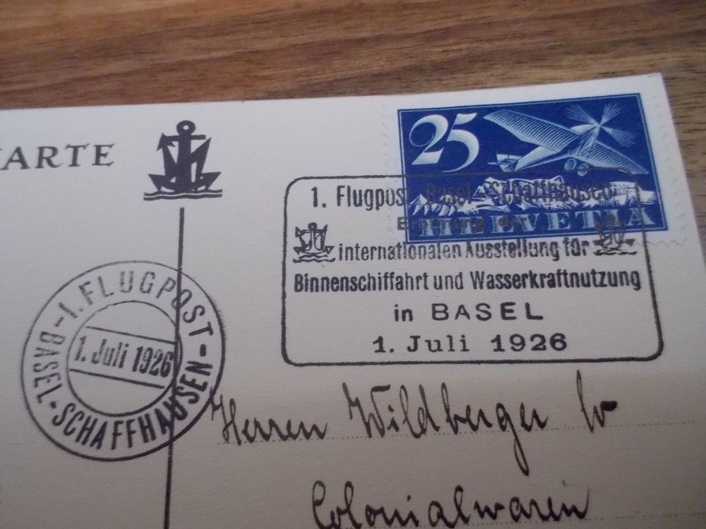 Karte 1. Flugpost Basel-Schaffhausen, 1926, + Vignette (Gebraucht) in Niederwil AG für CHF 4.6 ...