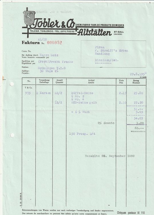 Rechnung Altstätten 1950 Chem. Fabrik (Gebraucht) in Rorschacherberg für CHF 2 – mit Lieferung ...
