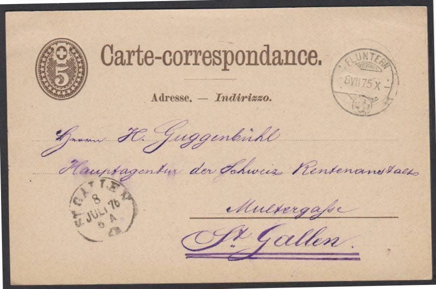Stempel Fluntern auf alter Postkarte von 1875 (Gebraucht) in Vitznau für CHF 5 – mit Lieferung ...