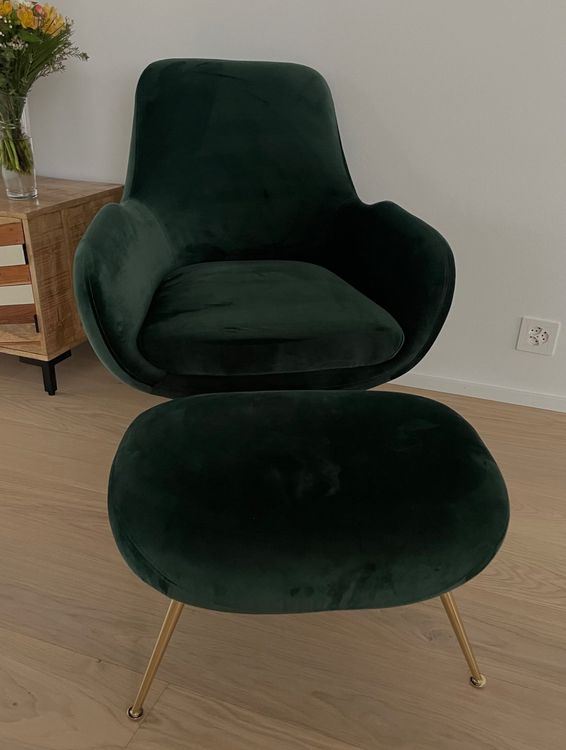 Dunkelgrüner Designer Sessel(samt) mit Fussbank - Retro Look (Gebraucht ...