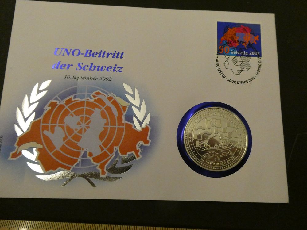 Schweiz 2002, Uno-Beitritt, versilberte Medaille, Münzbrief (Neu (gemäss Beschreibung)) in ...