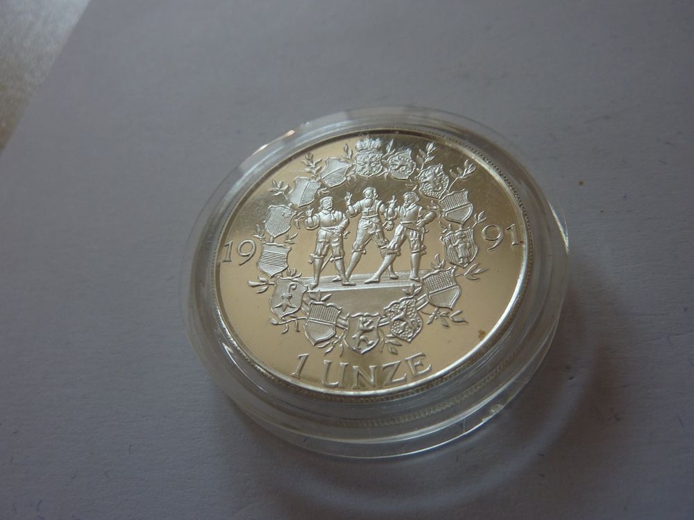 1 Unze - Silbermedaille : 700 Jahre Schweiz, Polierte Platte (Neu und originalverpackt) in ...