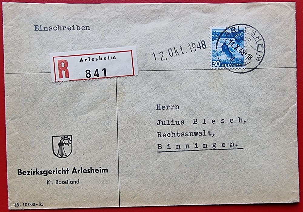 BEZIRKSGERICHT ARLESHEIM BASEL EINSCHREIB 289 BINNINGEN 1948 | Kaufen auf Ricardo