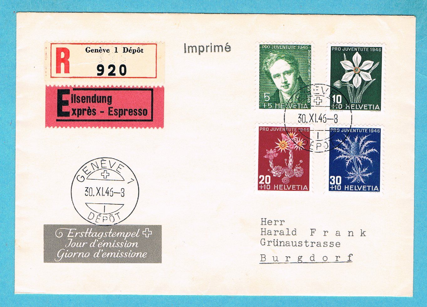 FDC Pro Juventute 1946 ab Wertzeichenverkaufsstelle PTT ! (Gebraucht) in Seedorf für CHF 1 – mit ...