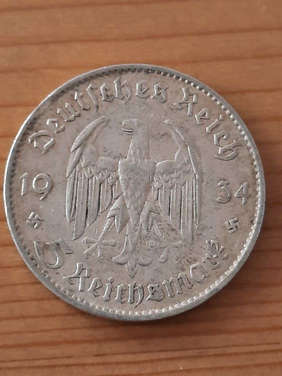 DE 5 Reichsmark 1934 / F Silber Zustand gemäss Bilder (Gebraucht) in Oberuzwil für CHF 5 – mit ...