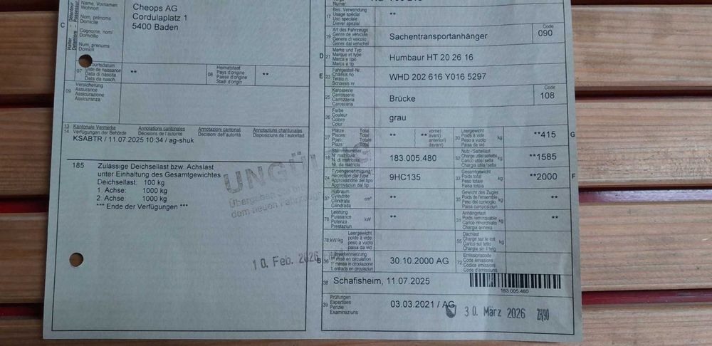 Anhänger Humbaur HT 20 26 16 (Gebraucht) in Otelfingen für CHF 1400 ...