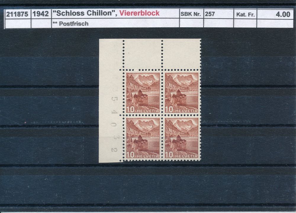 1942 Schloss Chillon - 10 Rp., rötlichbraun, Viererblock (Neu (gemäss Beschreibung)) in ...