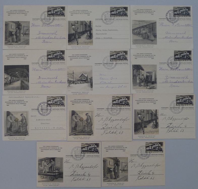 1947: 11 Postkarten (100 Jahre Eisenbahn) MOTIVE +ET-STEMPEL (Gebraucht) in Sursee für CHF 40 ...