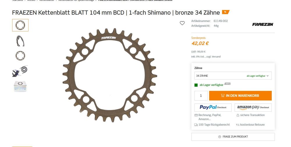 Fraezen Kettenblatt 104BCD 32T Bronze | Kaufen auf Ricardo