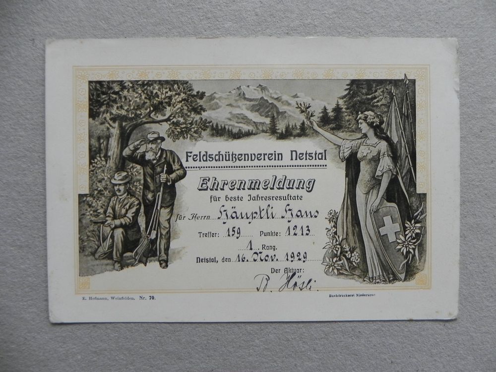 Karte Schützenfest Ehrenmeldung Netstal Glarus 1929 Helvetia (Gebraucht) in Siebnen für CHF 19 ...