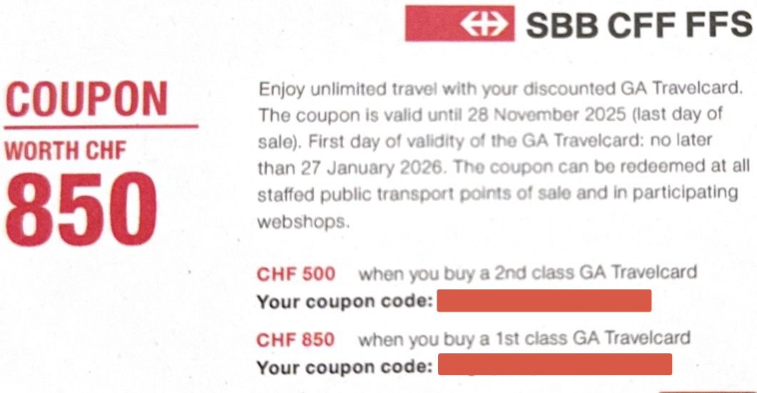 SBB 2nd Class GA Travelcard Coupon CHF 500 (Neu und originalverpackt ...