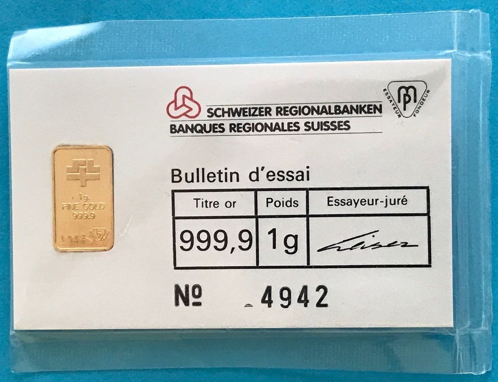 sehr schöner 1 Gramm Goldbarren 999.9 Fine Gold Regionalbank | Kaufen ...