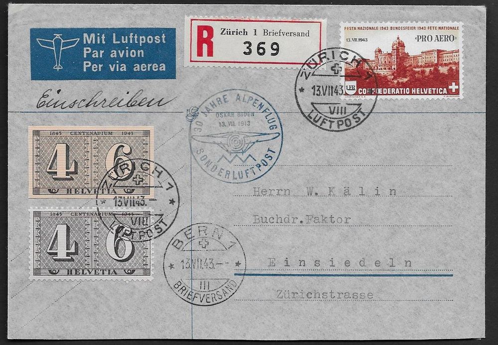1943 R/ Pro Aero Bern-ZH F36+Zusatzfrank. portogrecht ab 1.- | Kaufen auf Ricardo