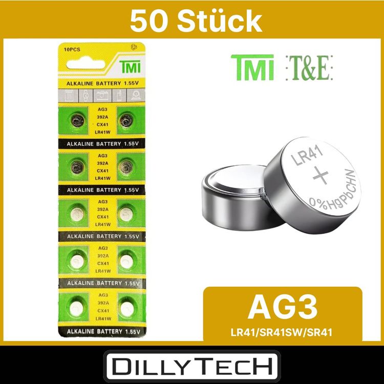 TMI (T&E) AG3, LR41 Alkaline Knopfzellenbatterien - 50 Stk (Neu und ...