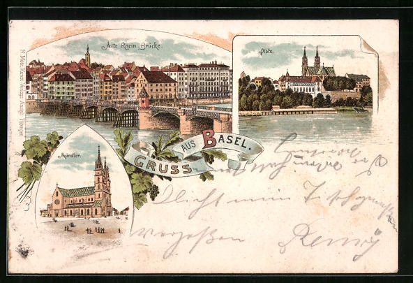 Litho Basel, Alte Rhein-Brücke, Pfalz, | Kaufen auf Ricardo