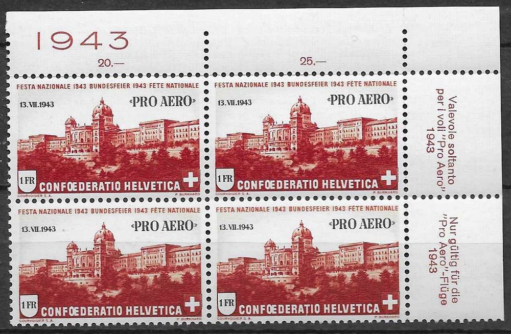 1943: Flugpost Pro Aero Nr.F36 Viererblock ** (Gebraucht) in Walperswil für CHF 4 – mit ...