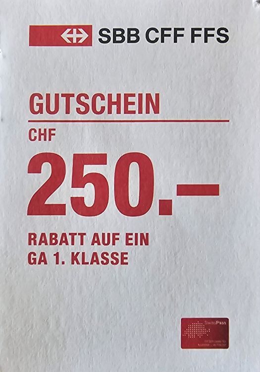 Gutschein 250.00 Franken Rabatt GA SBB CFF FFS 1. Klasse | Kaufen auf ...