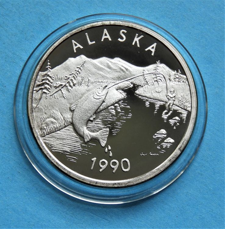 1 Unze Silber 999 Alaska 1990 Lachs fischen in Kapsel RAR (Neu und ...
