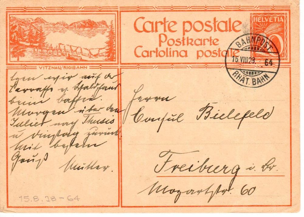 Bildpostkarte Bahnpost Rhät.Bahn nach Deutschland 1928 (Gebraucht) in ...
