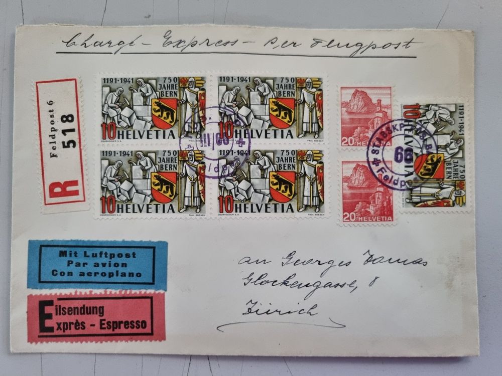 1941 : Express-Flugpost R- Brief mit Feldpost Stempel (Gebraucht) in Gümligen für CHF 56 – mit ...