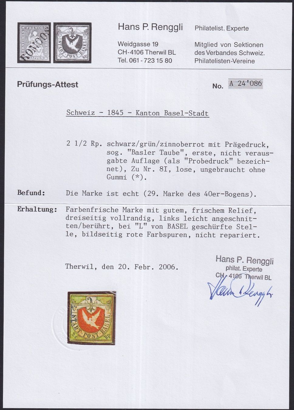 BASLER TAUBE, Nr.8I (Probedruck) Type 33 - schönes Stück! (Gebraucht ...