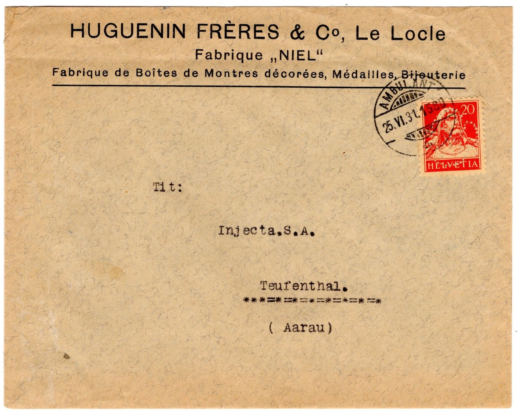 seltene Perfin HF auf Beleg voin LE LOCLE nach TEUFENTHAL AG (Gebraucht ...