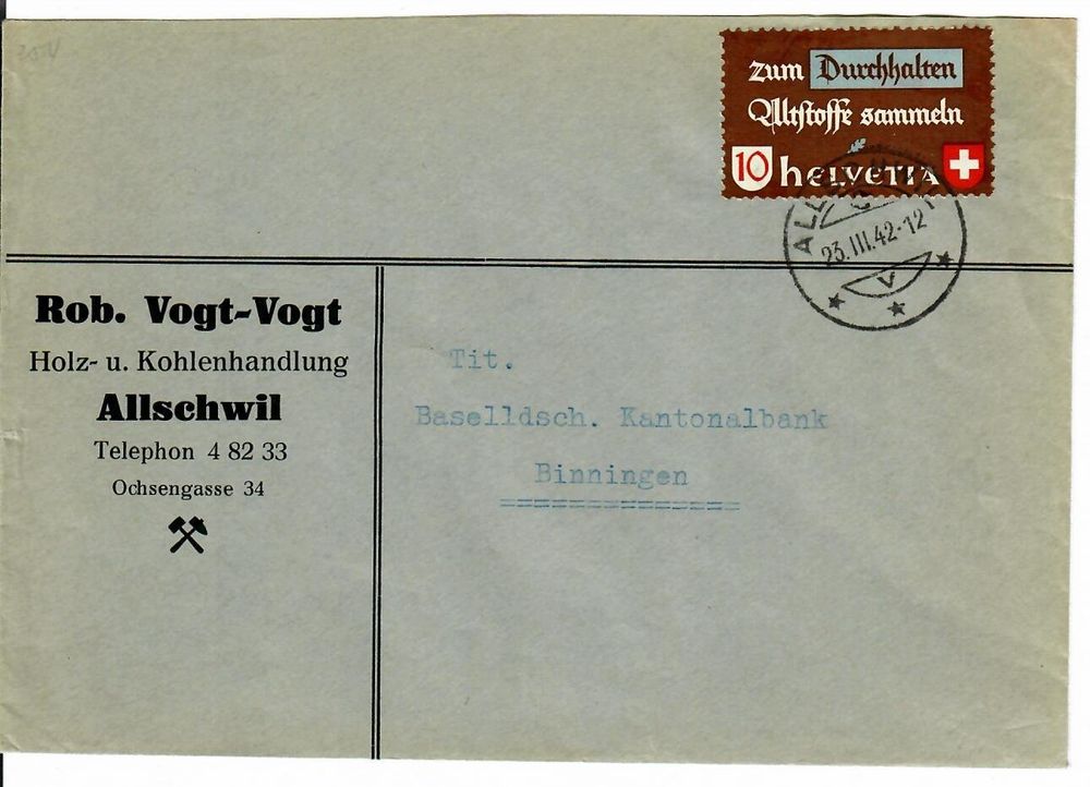 Alter Briefumschlag Rob. Vogt-Vogt Kohlenhandlung Allschwil (Gebraucht ...