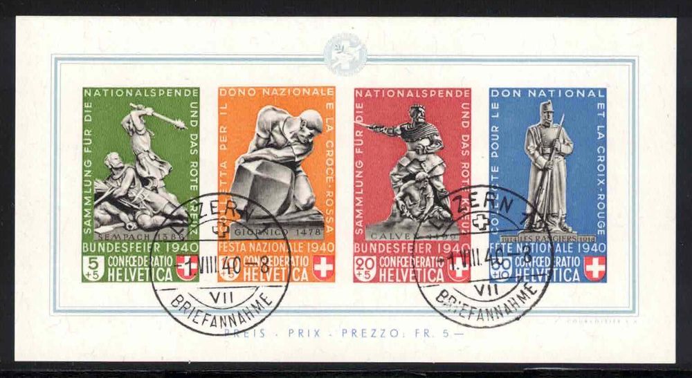 Pro Patria 1940 Block (Blocknr. 7) gestempelt "1.VIII.40" (Neu (gemäss Beschreibung)) in Nuglar ...