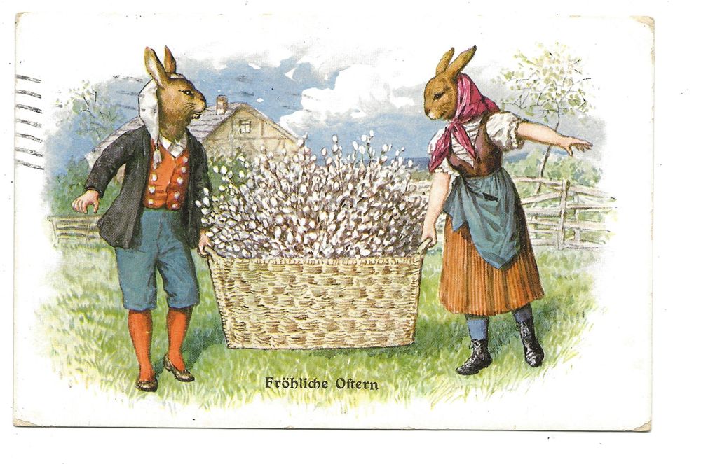 Fröhliche Ostern Hasen Bringen Korb Blühende Zweige 1914 Kaufen 0605