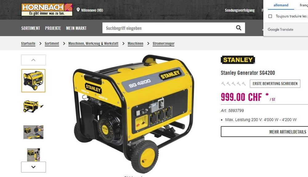 Génératrice - Stromgenerator STANLEY SG4200 230v 4000w (Gebraucht) in ...