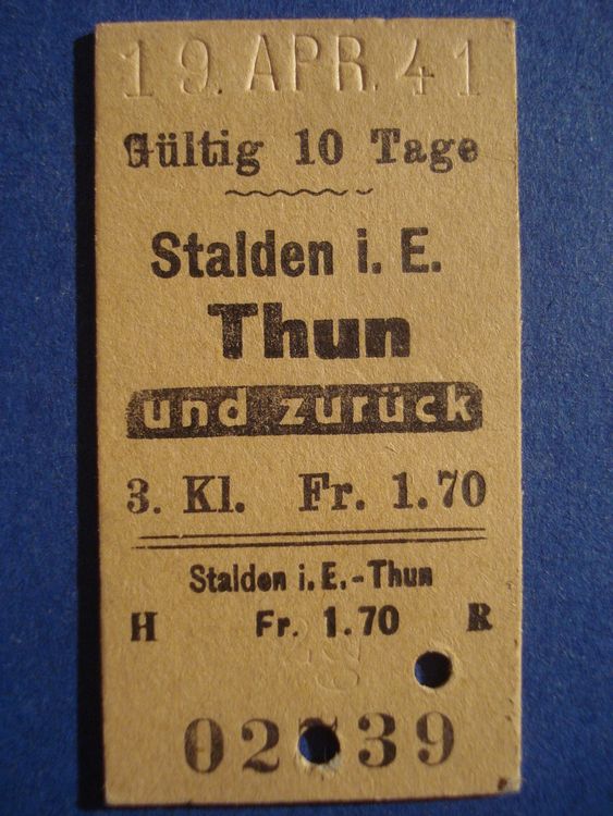 SBB - EBT - 19.4.1941 - STALDEN i.E. - THUN - 3.Klasse (Gebraucht) in Biel/Bienne für CHF 22 ...