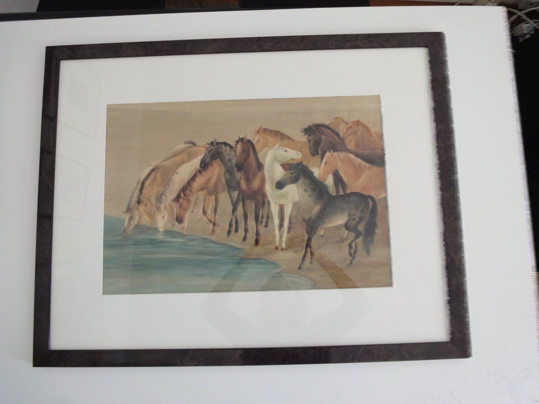 Lamers Waltraud A. 1908-1992 "Pferde am Wasser"- Aquarell (Neu (gemäss ...