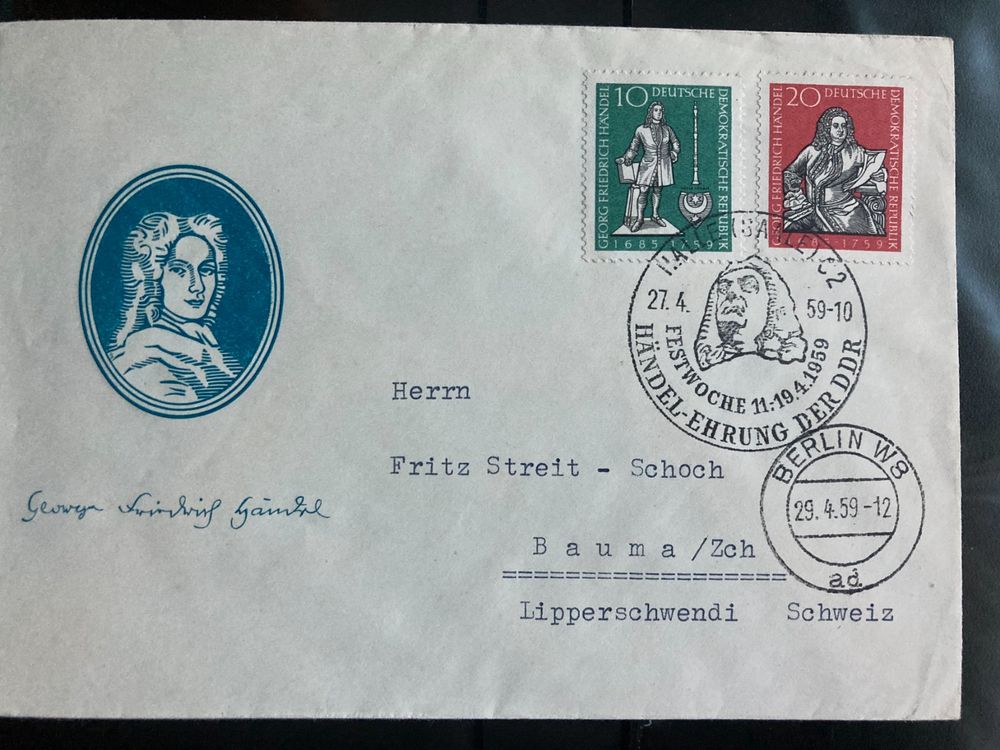 DDR 1959 Ersttagsbrief Satz Georg Friedrich Händel gelaufen (Gebraucht) in Liestal für CHF 1 ...