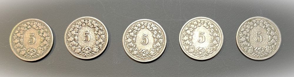 Fünf schöne 5 Rappen-Stücke aus den Jahren 1892 bis 1905 (D'occasion) à ...