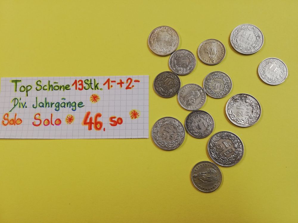 Schweizer Silbermünzen 13 Stk. 1Fr.+2Fr. div. Jahrgänge Top! (Gebraucht) in Engi für CHF 45.5 ...
