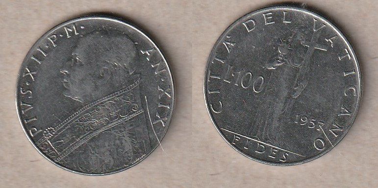 Vatikan, Pius XII, 100 Lire 1957 (Gebraucht) in Allschwil für CHF 1.5 – mit Lieferung auf ...