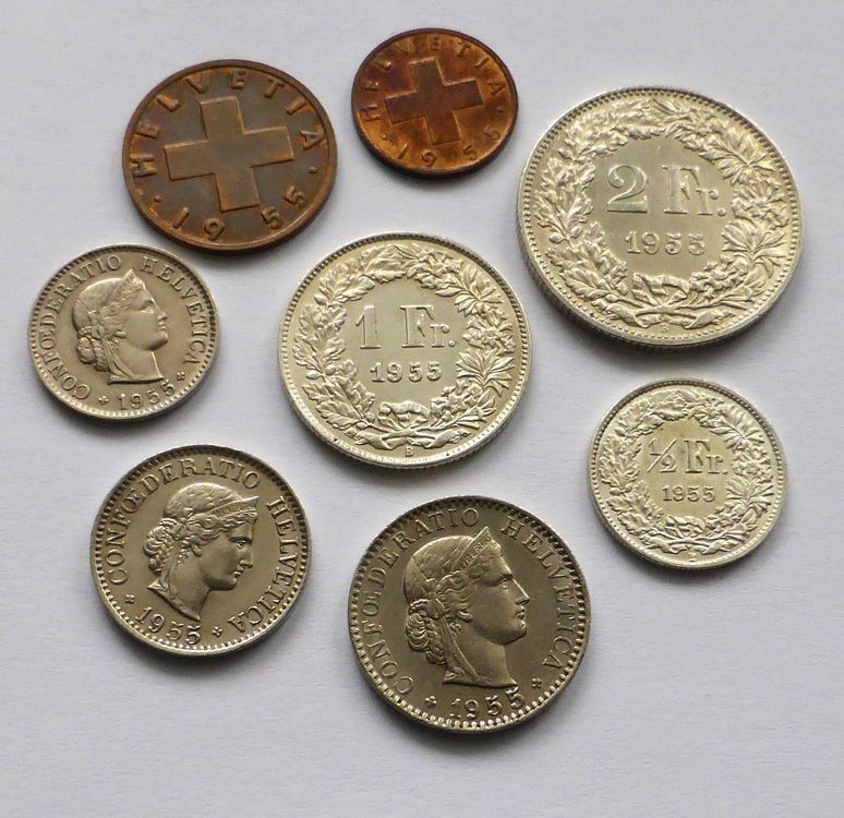 Münzsatz 1955 , 1/2/5/10/20/50Rp, 1&2Fr. (Neu (gemäss Beschreibung)) in Buochs für CHF 39 – mit ...