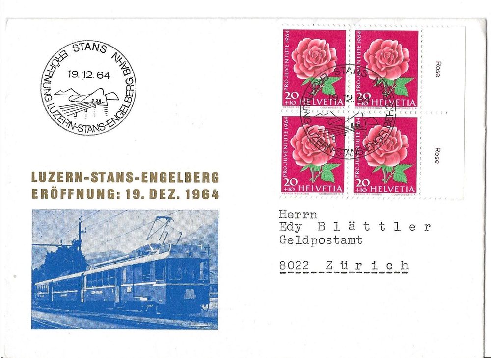 Luzern - Stans - Engelberg Bahn, Eröffnung 1964, Philatelie (Gebraucht) in Frauenfeld für CHF 4. ...