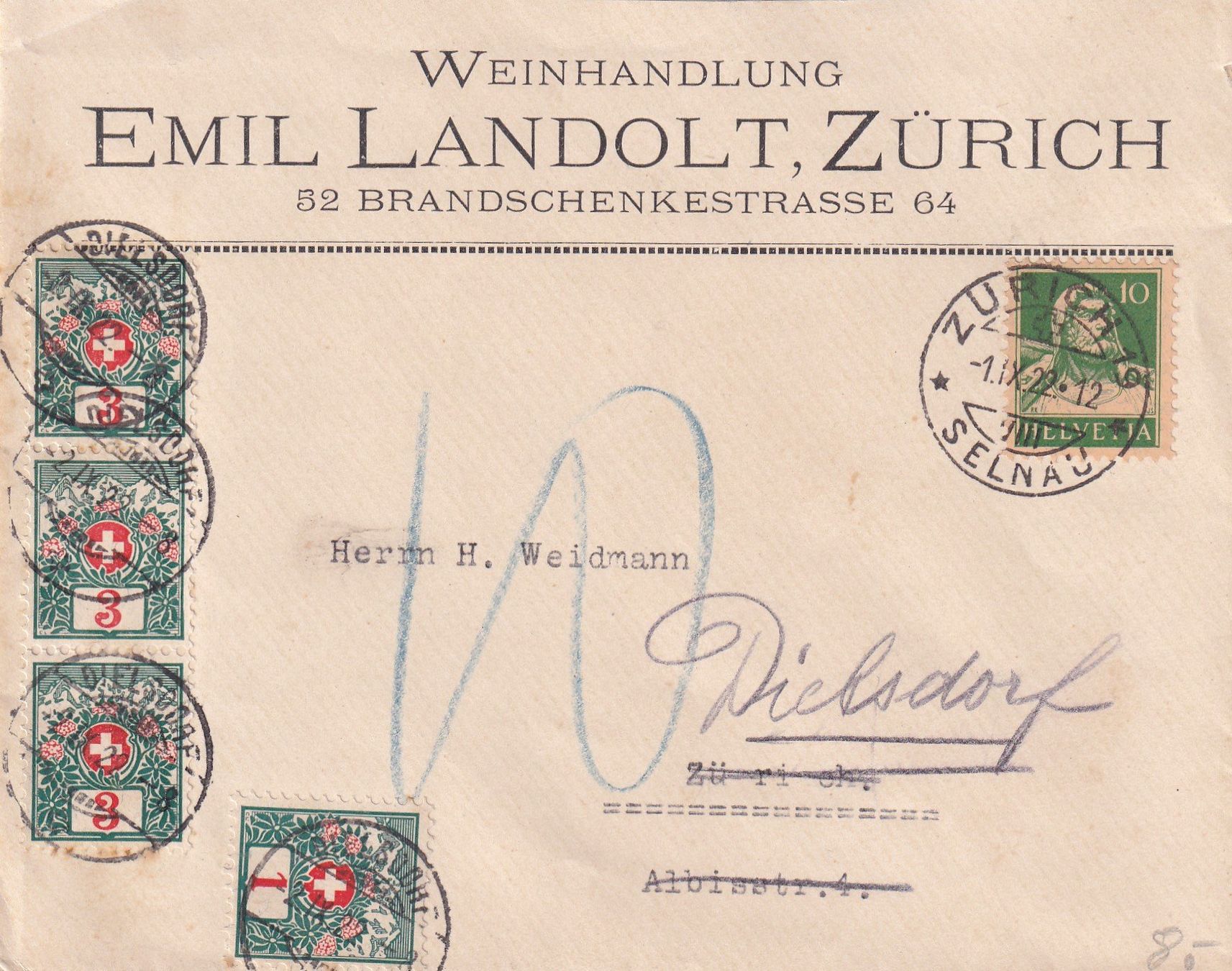 Brief v.Emil Landolt Zürich mit Mehrfach Porto in Dielsdorf (Gebraucht ...