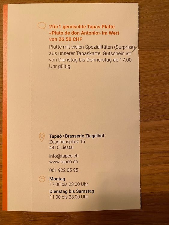 2:1 Gutschein Tapas-Platte in Liestal (Neu (gemäss Beschreibung)) in Liestal für CHF 5 – mit ...