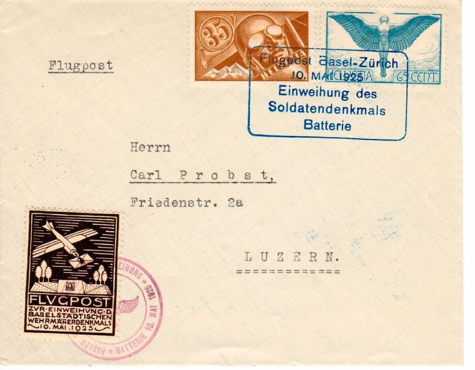 Flugpost mit Vignette 1925 Soldatendenkmal | Kaufen auf Ricardo