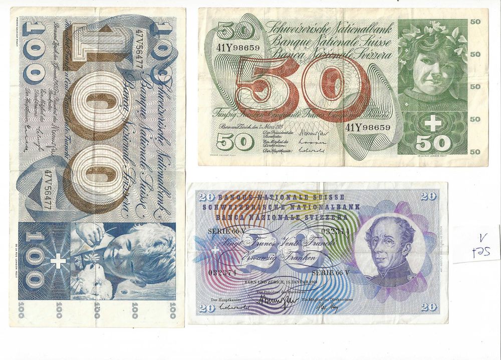 4 alte Schweizer Banknoten (Set 1)100 50 20 10 Franken Noten (Gebraucht ...
