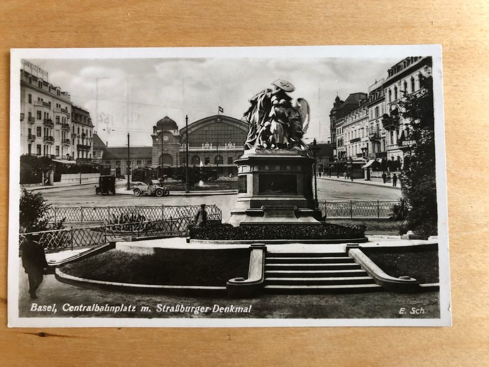 Antike Postkarte Basel Central, Strassburger Denkmal, 1932 (Gebraucht) in Basel für CHF 20 – mit ...