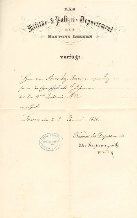 Friedrich Bell Dokument Militär- & Polizei- Dep. Luzern 1880 (Gebraucht ...