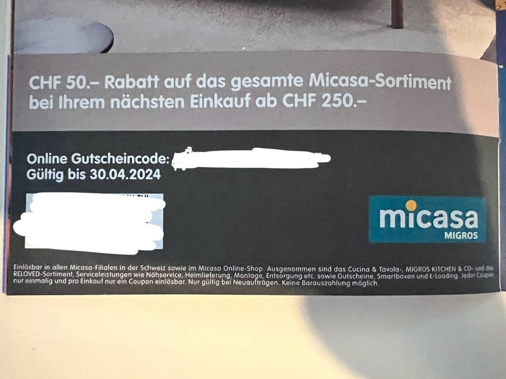 Gutschein MIGROS MICASA 50 CHF (AB CHF 250) GÜLTIG 30.04.24 (Neu und originalverpackt) in Zürich ...