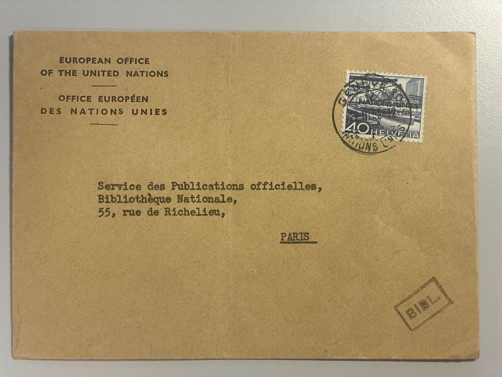 1952 United Nation European Office Brief nach Frankreich (Gebraucht) in ...