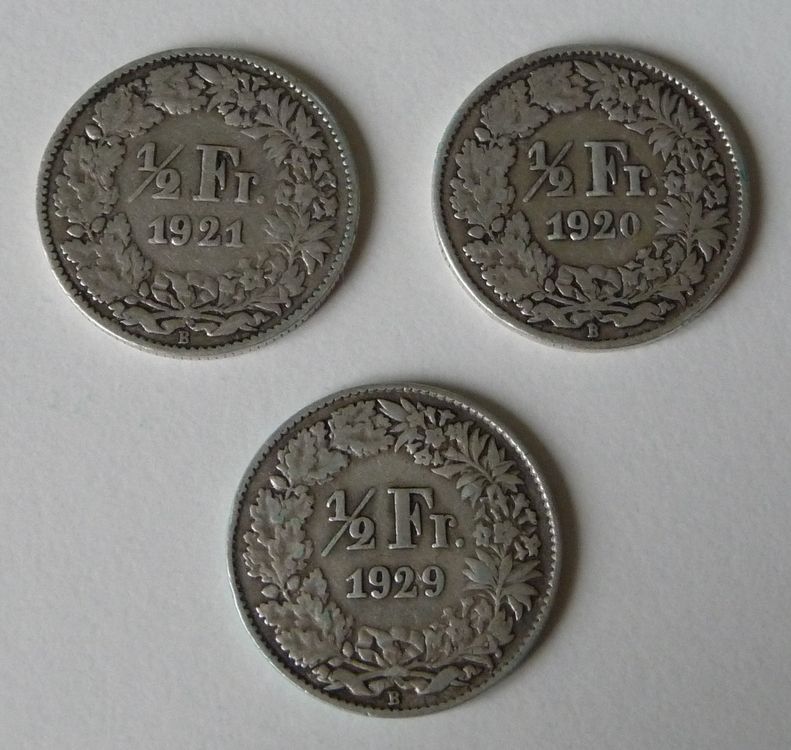 3 Stück Silber 50-Rappen versch. wählbare Jahre 1920-1941 (Neu und originalverpackt) in ...