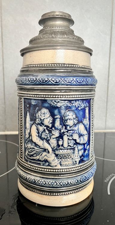 Bierkrug antik mit Zinndeckel 1L, Keramik Trink-/Rauchszene (Gebraucht ...